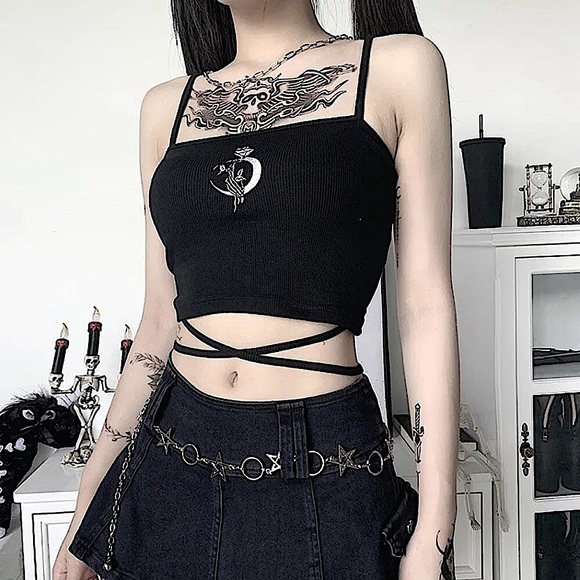 Tops | Black Rose Crescent Moon Wrap Crop Top | Poshmark
